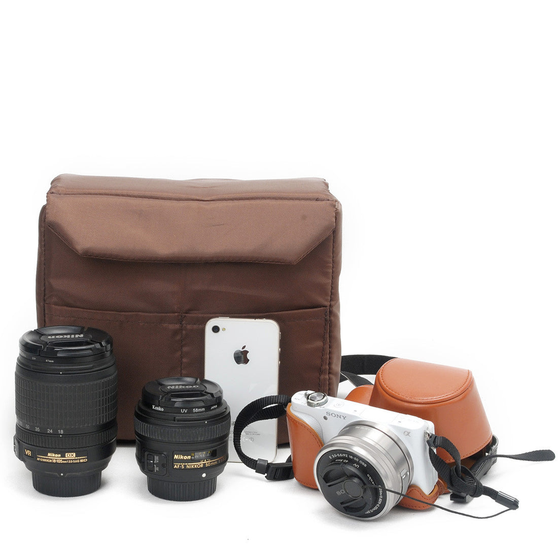 Coffee DSLR Camera Bag Insert One Body Two Lens B37 – icambag